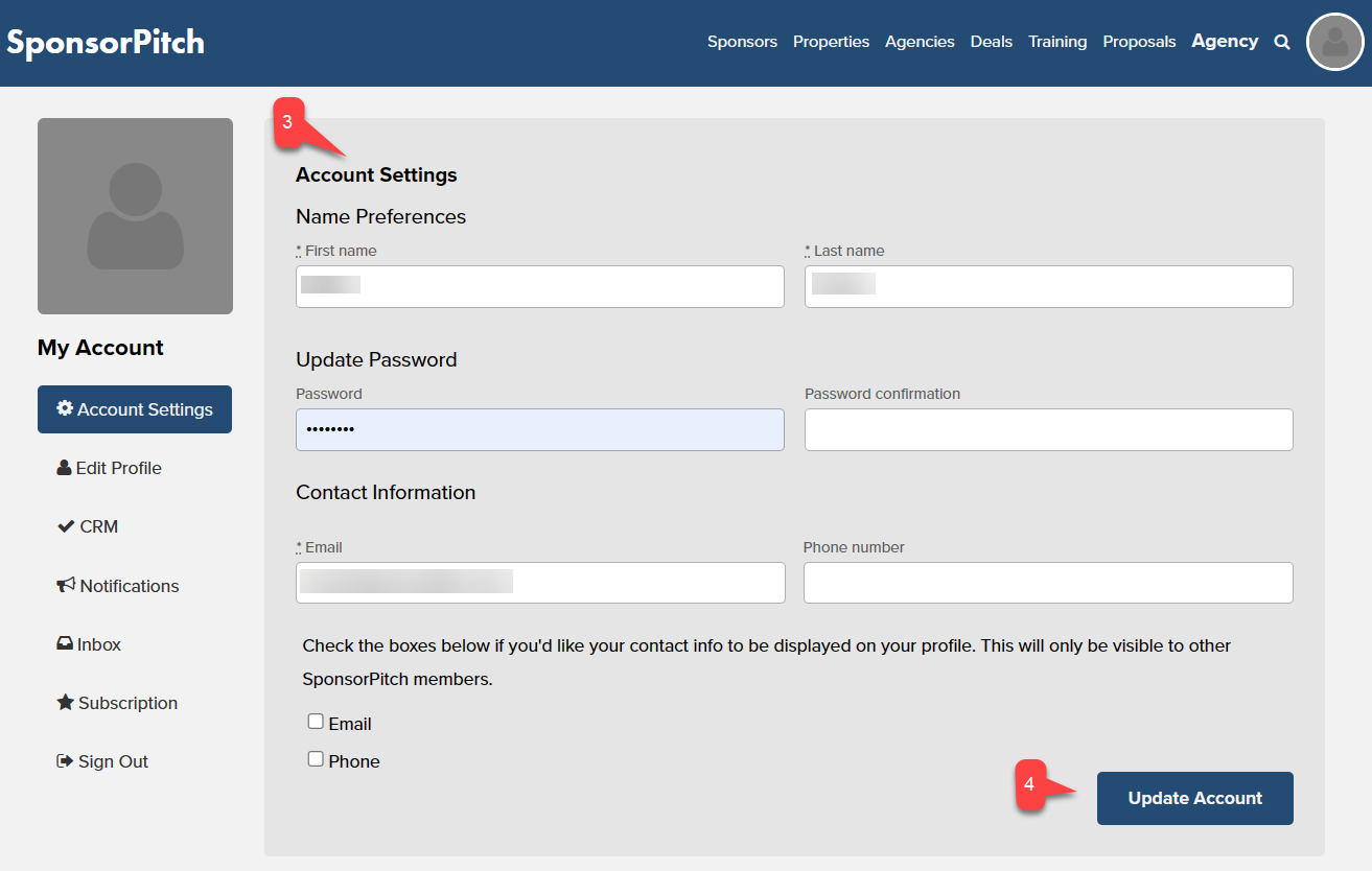Change my password or other account settings – SponsorPitch